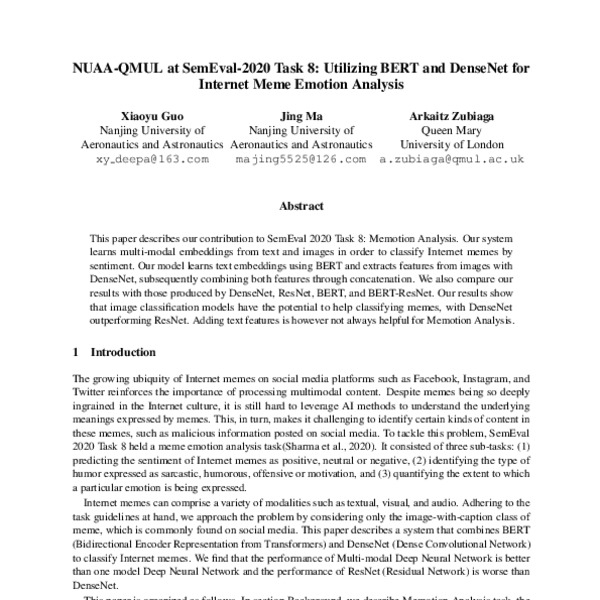 NUAA-QMUL at SemEval-2020 Task 8: Utilizing BERT and DenseNet for Internet Meme Emotion Analysis ...