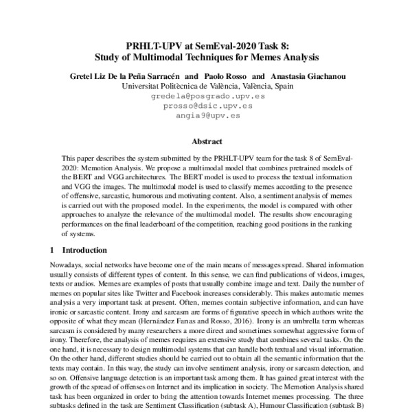 PRHLT-UPV at SemEval-2020 Task 8: Study of Multimodal Techniques for Memes Analysis - ACL Anthology