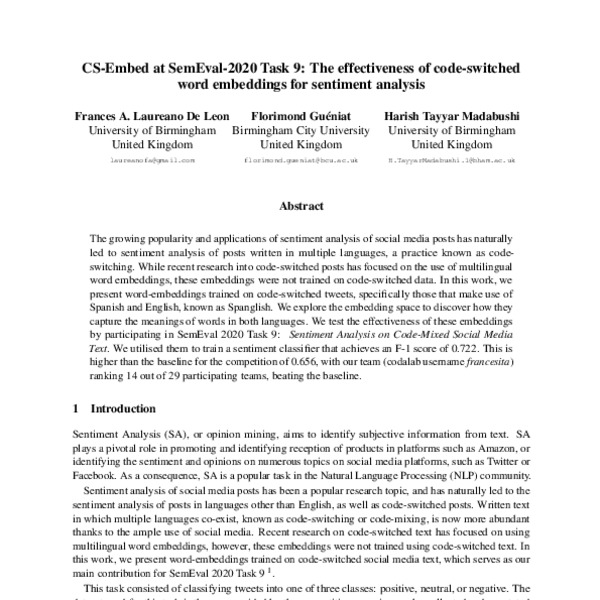 Cs Embed At Semeval 2020 Task 9 The Effectiveness Of Code Switched Word Embeddings For