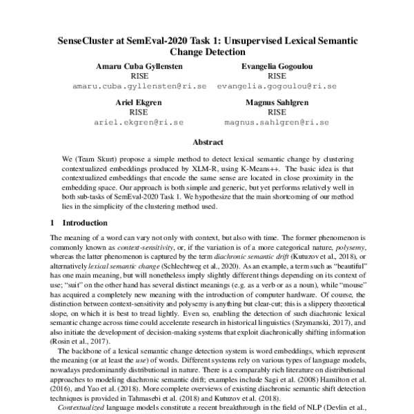 SenseCluster at SemEval-2020 Task 1: Unsupervised Lexical Semantic Change Detection - ACL Anthology