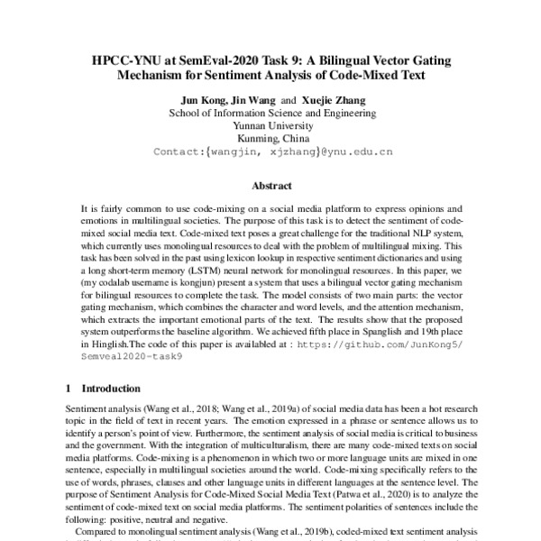 HPCC-YNU at SemEval-2020 Task 9: A Bilingual Vector Gating Mechanism for Sentiment Analysis of ...