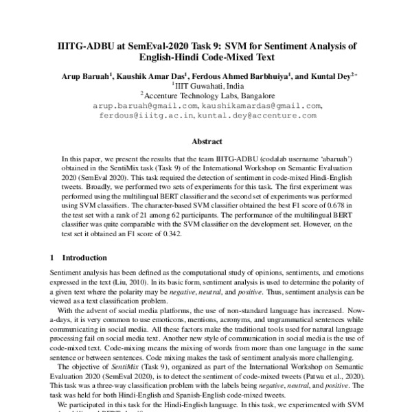 IIITG-ADBU at SemEval-2020 Task 9: SVM for Sentiment Analysis of English-Hindi Code-Mixed Text ...