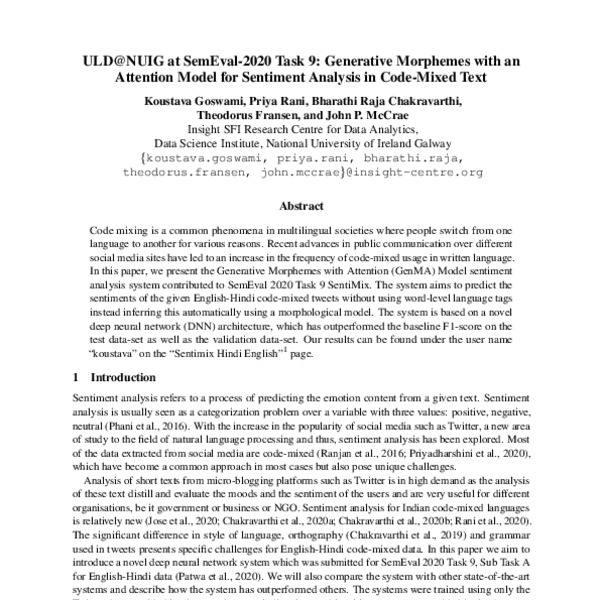 ULD@NUIG at SemEval-2020 Task 9: Generative Morphemes with an Attention Model for Sentiment ...