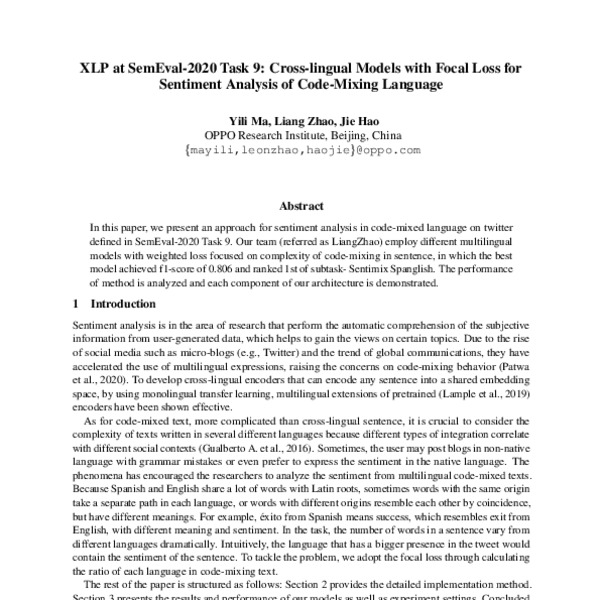 XLP at SemEval-2020 Task 9: Cross-lingual Models with Focal Loss for Sentiment Analysis of Code ...