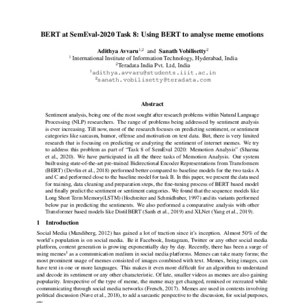 BERT at SemEval-2020 Task 8: Using BERT to Analyse Meme Emotions - ACL Anthology