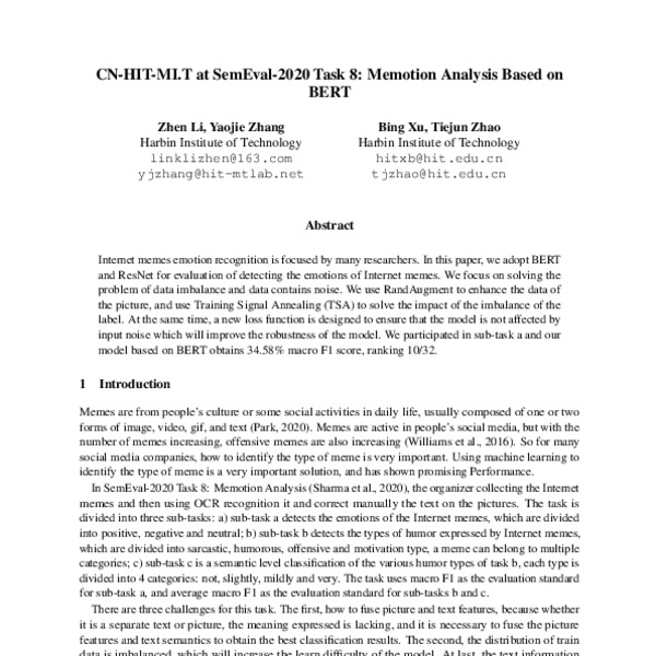 CN-HIT-MI.T at SemEval-2020 Task 8: Memotion Analysis Based on BERT - ACL Anthology