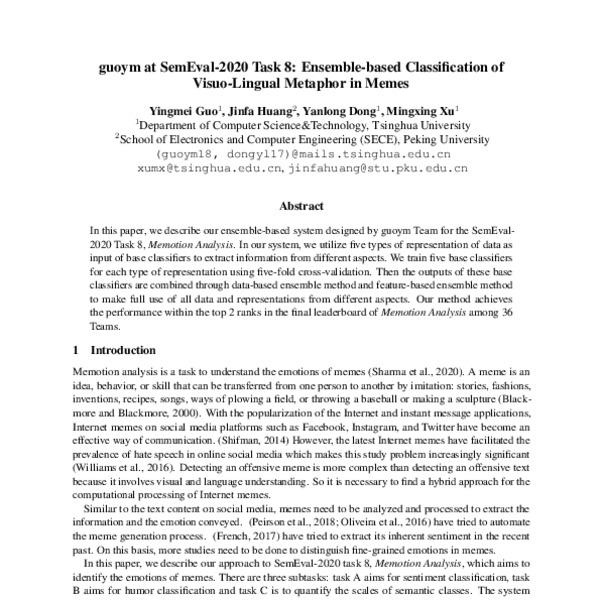 Guoym at SemEval-2020 Task 8: Ensemble-based Classification of Visuo-Lingual Metaphor in Memes ...