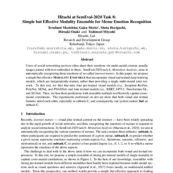 Hitachi at SemEval-2020 Task 8: Simple but Effective Modality Ensemble for Meme Emotion ...