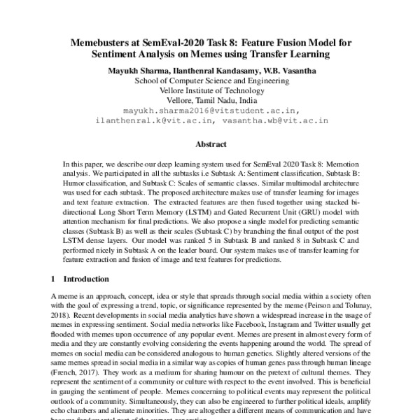 Memebusters at SemEval-2020 Task 8: Feature Fusion Model for Sentiment Analysis on Memes Using ...