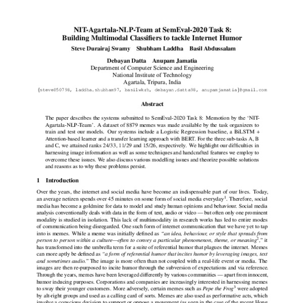 NIT-Agartala-NLP-Team at SemEval-2020 Task 8: Building Multimodal Classifiers to Tackle Internet ...