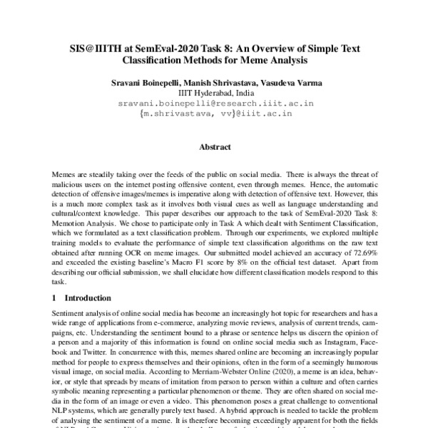 SIS@IIITH at SemEval-2020 Task 8: An Overview of Simple Text Classification Methods for Meme ...