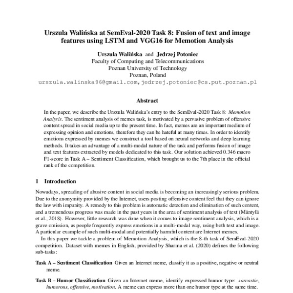 Urszula Walińska at SemEval-2020 Task 8: Fusion of Text and Image Features Using LSTM and VGG16 ...