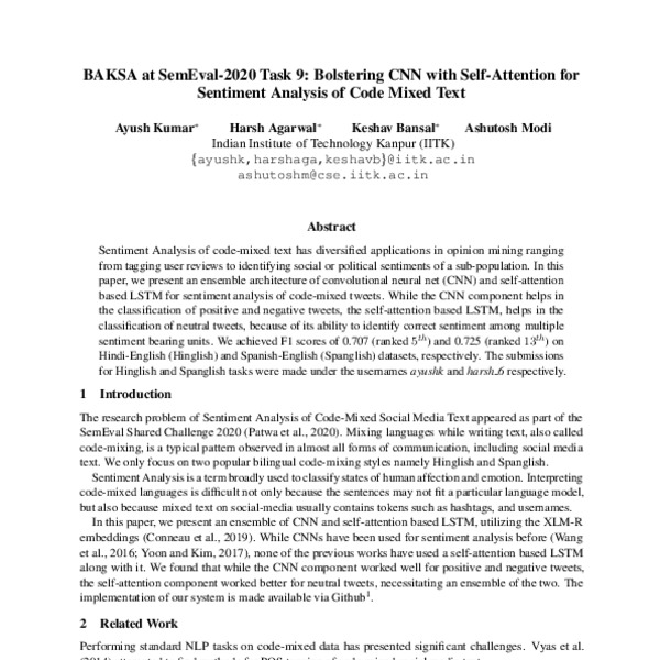 BAKSA at SemEval-2020 Task 9: Bolstering CNN with Self-Attention for Sentiment Analysis of Code ...