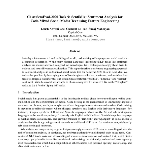 C1 at SemEval-2020 Task 9: SentiMix: Sentiment Analysis for Code-Mixed Social Media Text Using ...