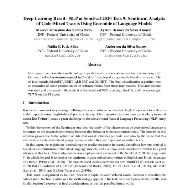 Deep Learning Brasil - NLP at SemEval-2020 Task 9: Sentiment Analysis of Code-Mixed Tweets Using ...