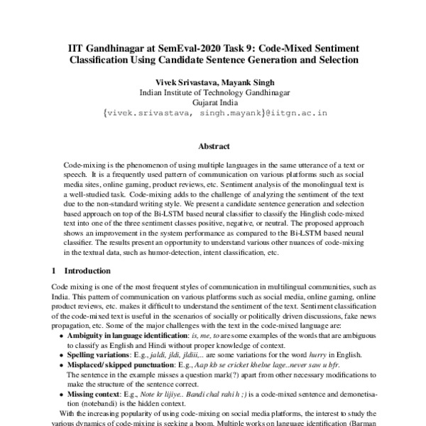 IIT Gandhinagar at SemEval-2020 Task 9: Code-Mixed Sentiment Classification Using Candidate ...