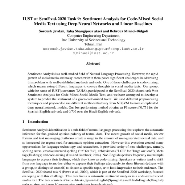 Iust At Semeval 2020 Task 9 Sentiment Analysis For Code Mixed Social Media Text Using Deep