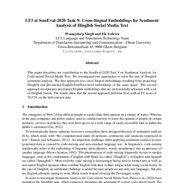 LT3 at SemEval-2020 Task 9: Cross-lingual Embeddings for Sentiment Analysis of Hinglish Social ...
