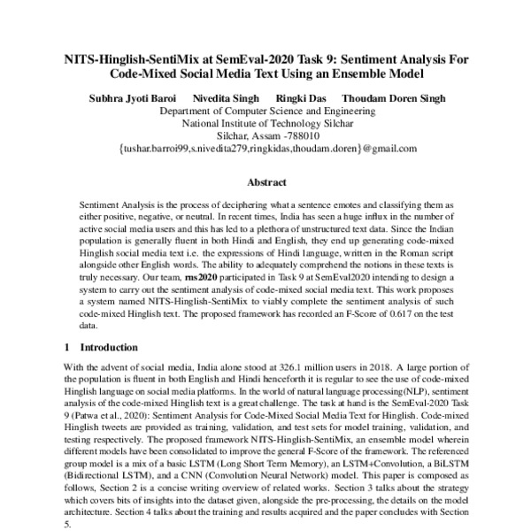 NITS-Hinglish-SentiMix at SemEval-2020 Task 9: Sentiment Analysis for Code-Mixed Social Media ...