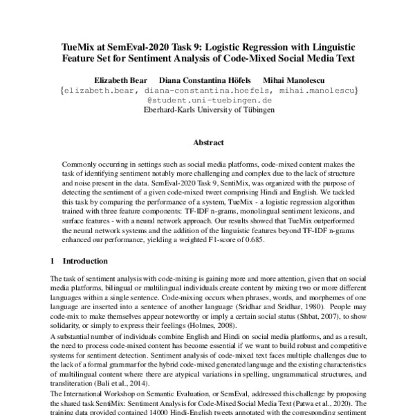 Tuemix At Semeval 2020 Task 9 Logistic Regression With Linguistic Feature Set Acl Anthology