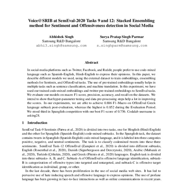 Voice@SRIB at SemEval-2020 Tasks 9 and 12: Stacked Ensemblingmethod for Sentiment and ...