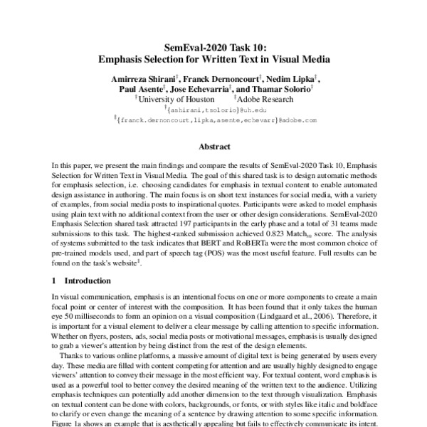 SemEval-2020 Task 10: Emphasis Selection for Written Text in Visual Media - ACL Anthology