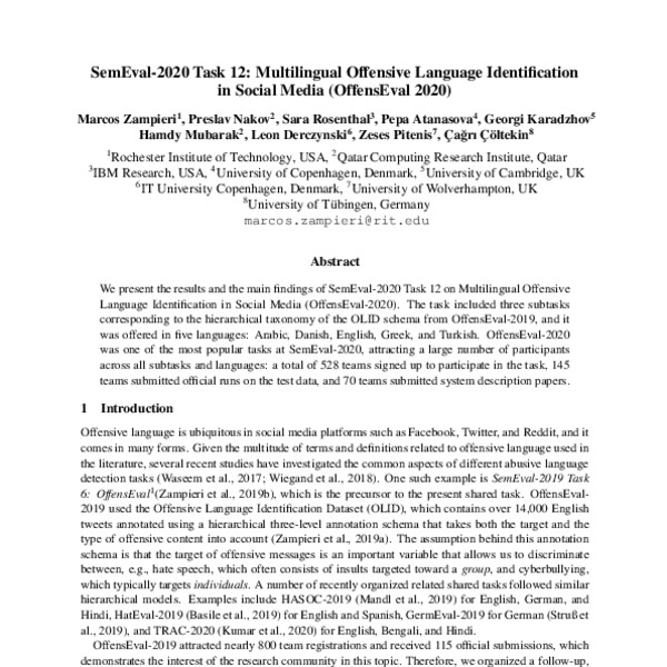 SemEval-2020 Task 12: Multilingual Offensive Language Identification in ...