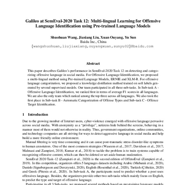 Galileo at SemEval-2020 Task 12: Multi-lingual Learning for Offensive Language Identification ...