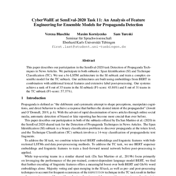 CyberWallE at SemEval-2020 Task 11: An Analysis of Feature Engineering for Ensemble Models for ...
