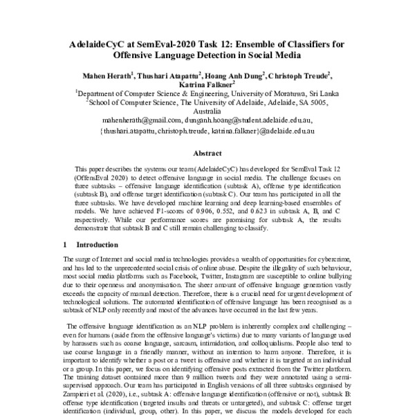 AdelaideCyC at SemEval-2020 Task 12: Ensemble of Classifiers for Offensive Language Detection in ...