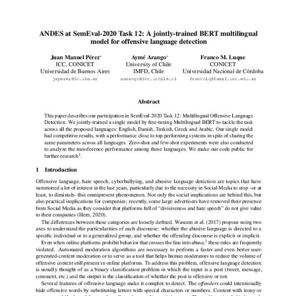 ANDES at SemEval-2020 Task 12: A Jointly-trained BERT Multilingual Model for Offensive Language ...