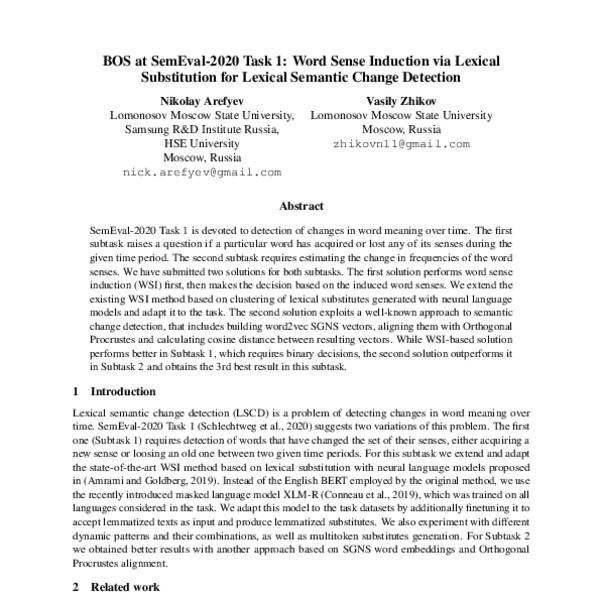 BOS at SemEval-2020 Task 1: Word Sense Induction via Lexical Substitution for Lexical Semantic ...