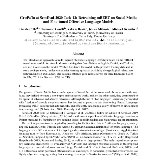 GruPaTo at SemEval-2020 Task 12: Retraining mBERT on Social Media and Fine-tuned Offensive ...