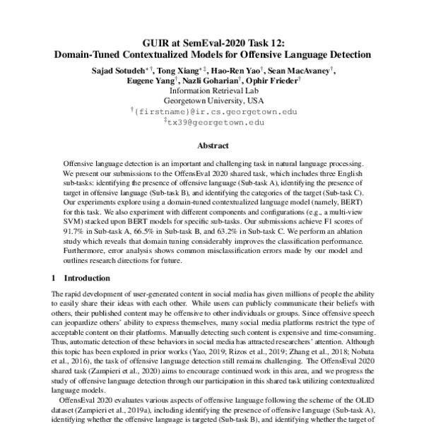 GUIR at SemEval-2020 Task 12: Domain-Tuned Contextualized Models for Offensive Language ...