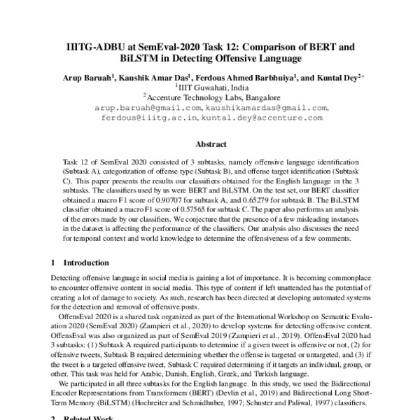 IIITG-ADBU at SemEval-2020 Task 12: Comparison of BERT and BiLSTM in Detecting Offensive ...
