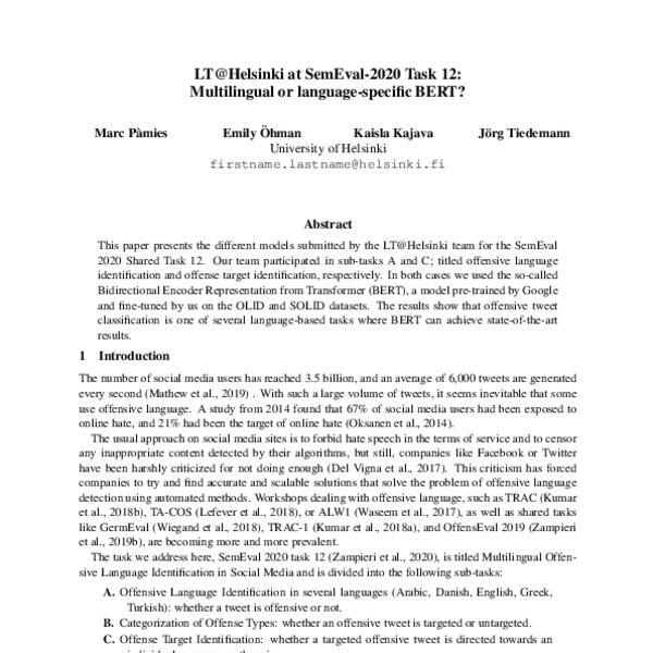 LT@Helsinki at SemEval-2020 Task 12: Multilingual or Language-specific BERT? - ACL Anthology