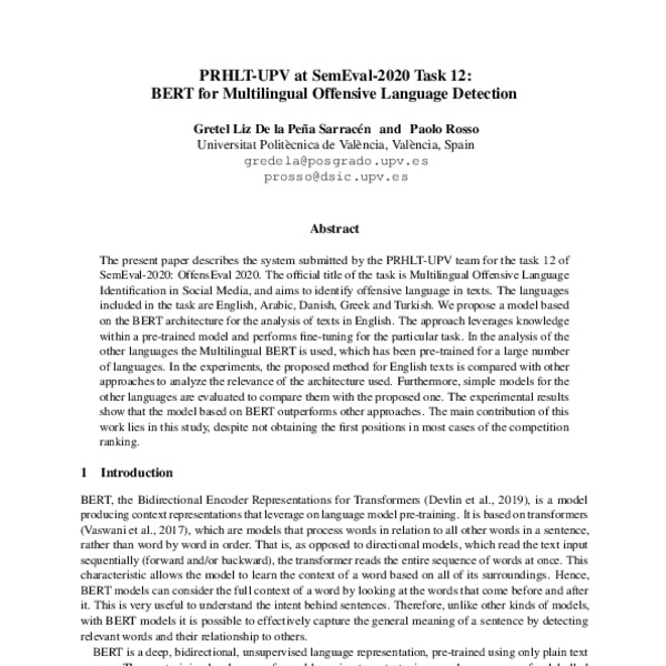 PRHLT-UPV at SemEval-2020 Task 12: BERT for Multilingual Offensive Language Detection - ACL ...