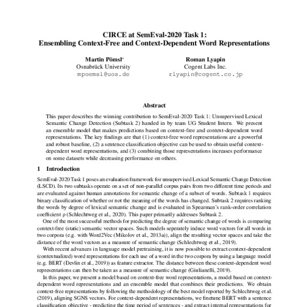Circe At Semeval 2020 Task 1 Ensembling Context Free And Context Dependent Word Representations