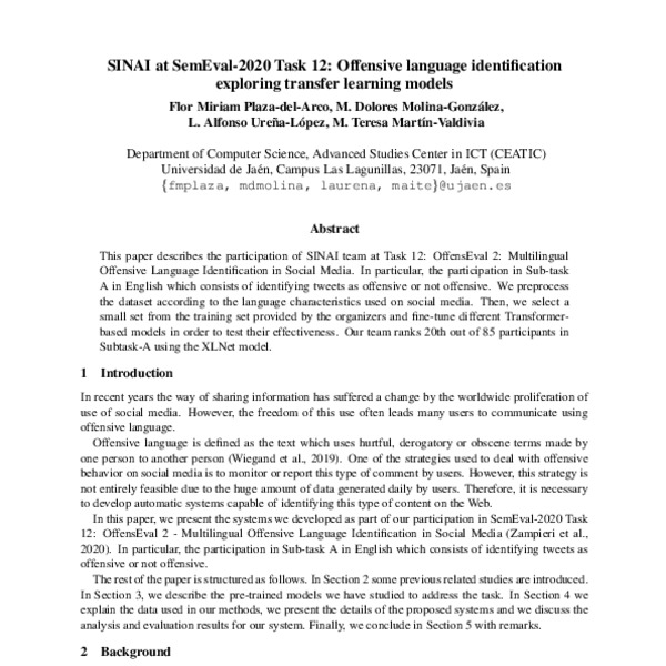 SINAI at SemEval-2020 Task 12: Offensive Language Identification Exploring Transfer Learning ...