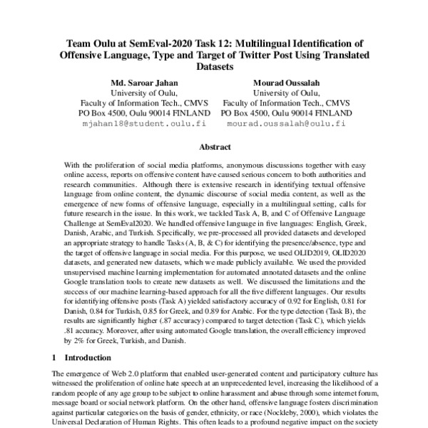 Team Oulu at SemEval-2020 Task 12: Multilingual Identification of ...