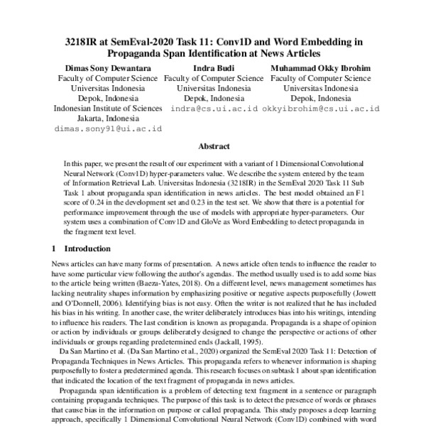 3218IR at SemEval-2020 Task 11: Conv1D and Word Embedding in Propaganda Span Identification at ...