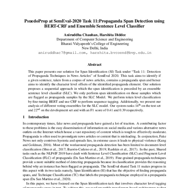 PsuedoProp at SemEval-2020 Task 11: Propaganda Span Detection Using ...