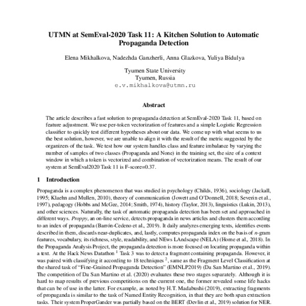 UTMN at SemEval-2020 Task 11: A Kitchen Solution to Automatic Propaganda Detection - ACL Anthology