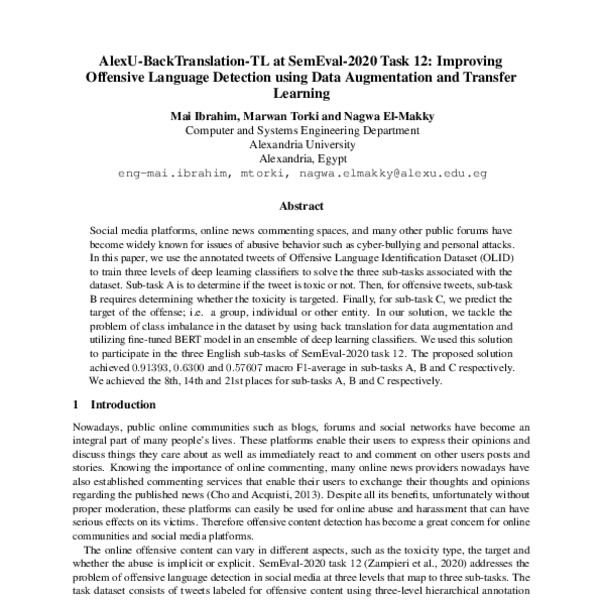 AlexU-BackTranslation-TL at SemEval-2020 Task 12: Improving Offensive Language Detection Using ...