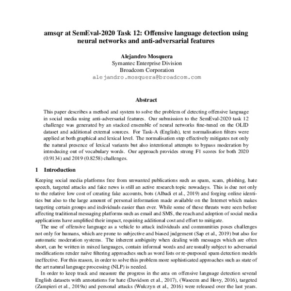 Amsqr at SemEval-2020 Task 12: Offensive Language Detection Using ...