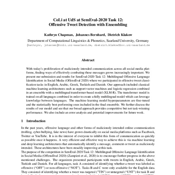CoLi at UdS at SemEval-2020 Task 12: Offensive Tweet Detection with Ensembling - ACL Anthology