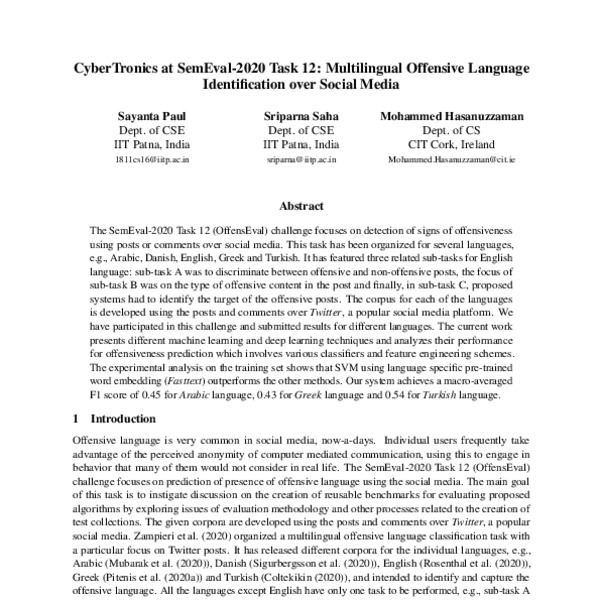 CyberTronics at SemEval-2020 Task 12: Multilingual Offensive Language Identification over Social ...