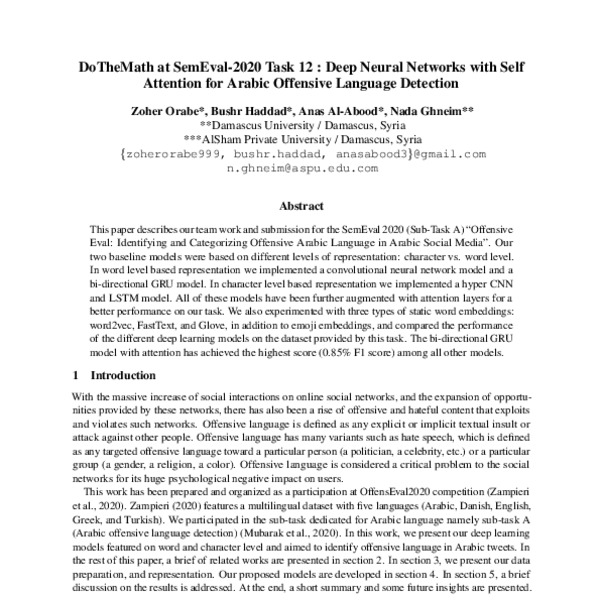 DoTheMath at SemEval-2020 Task 12 : Deep Neural Networks with Self Attention for Arabic ...