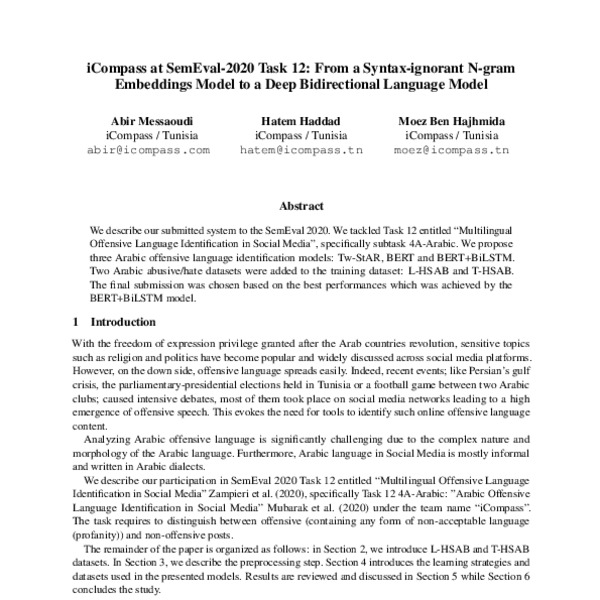 iCompass at SemEval-2020 Task 12: From a Syntax-ignorant N-gram Embeddings Model to a Deep ...