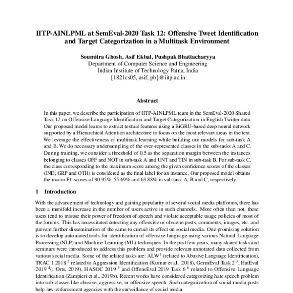 IITP-AINLPML at SemEval-2020 Task 12: Offensive Tweet Identification and Target Categorization ...